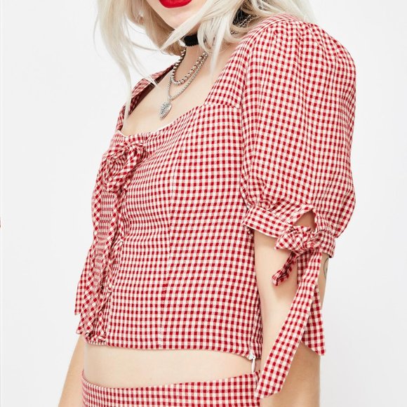 essue | Tops | Red Gingham Lace Up Square Neck Bow Cute Crop Top | Poshmark
